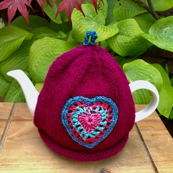 Burgundy Tea Cosy with Crochet Vintage Heart - Folksy