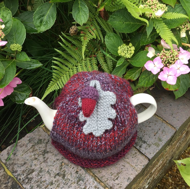 Grey and Red Tea Cosy, Autumn Acorn and Oak Leaf - Folksy
