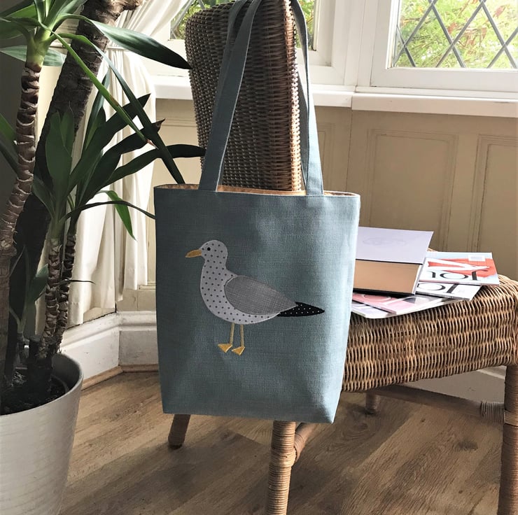 Seagull tote bag in blue with applique Seagull - Folksy