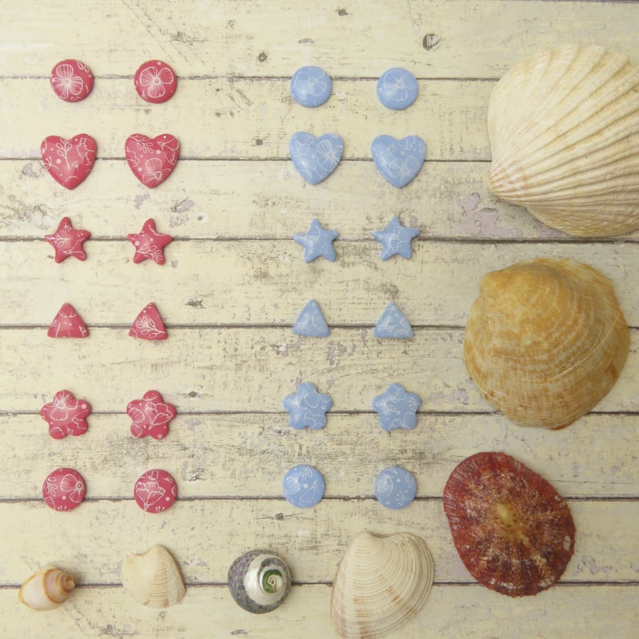 Screen Printed Spring Floral Stud Earrings Blue... - Folksy