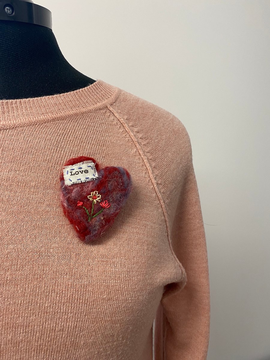 Heart shaped Textile brooch, flowers, needle fe... - Folksy