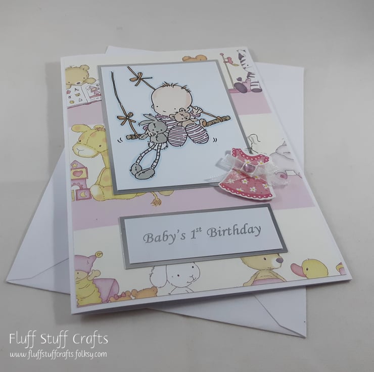 Handmade baby's first birthday card - on the swing - Folksy