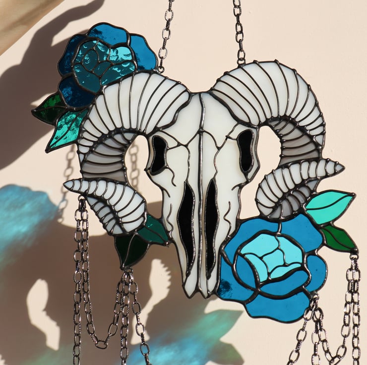 Suncatcher Skull Ram with pink peony Dreamcatch... - Folksy