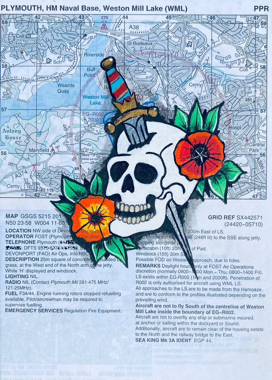 Skull and dagger tattoo painting on an old map ... - Folksy