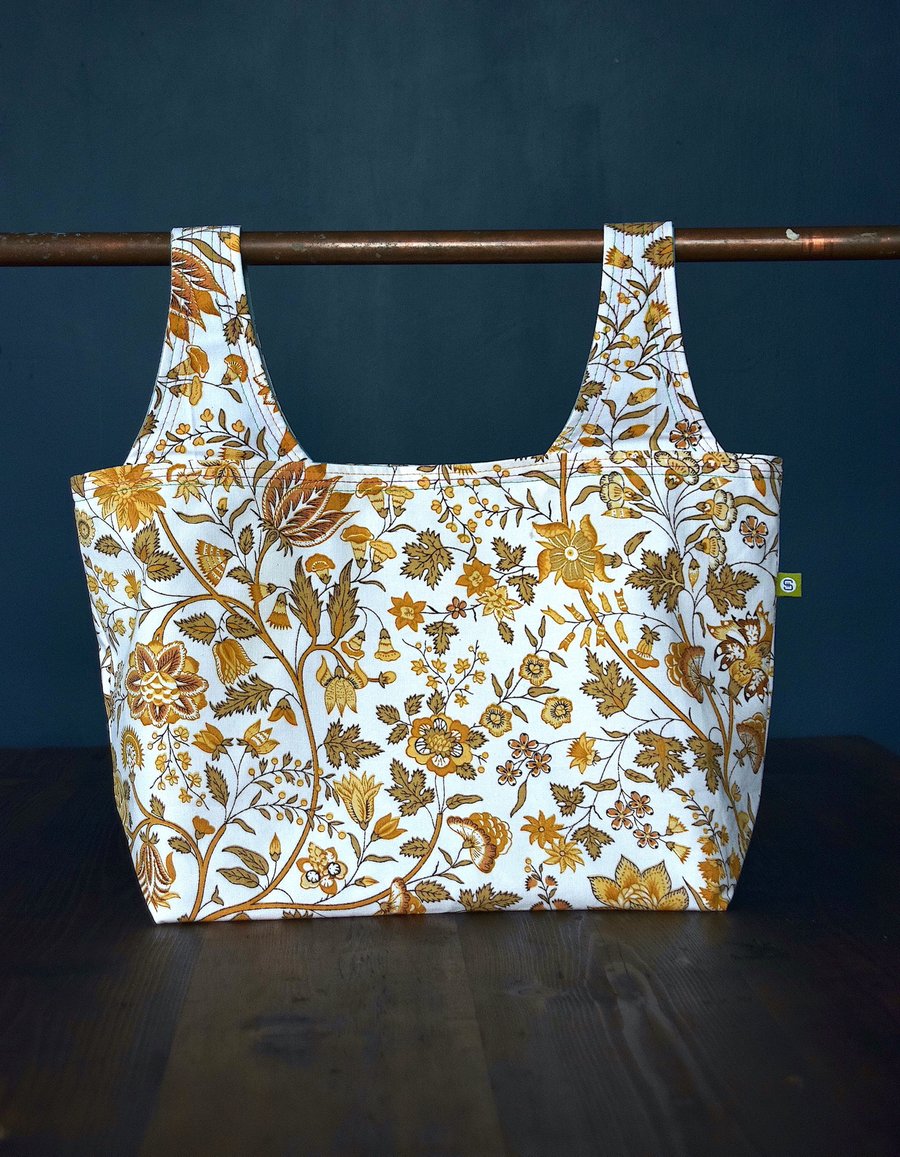 shopping bag – burnt orange-gold flower print w... - Folksy