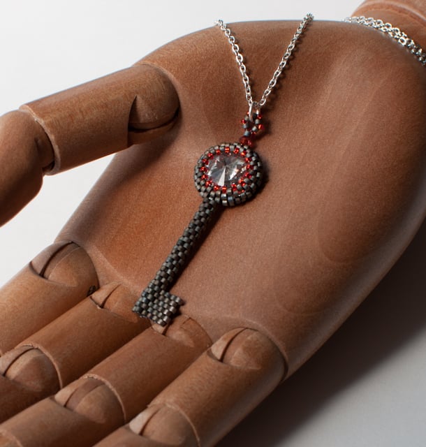 Pewter and red key shaped beadwoven pendant - Folksy