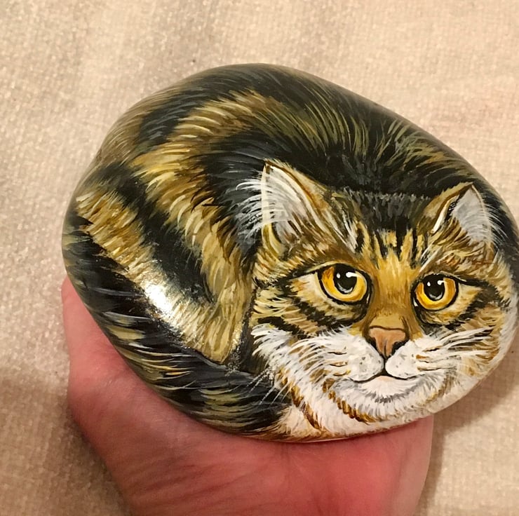 Cat hand painted pebble large garden rock art p... - Folksy