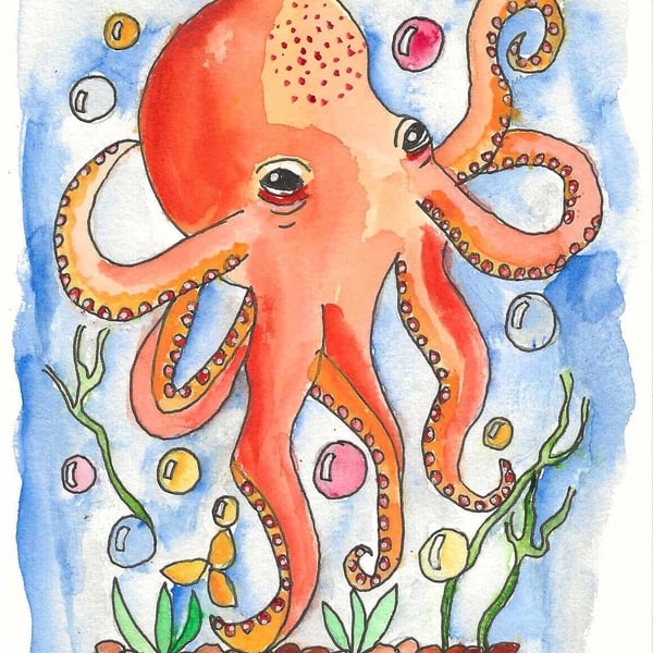 Original Watercolour Bright Octopus Card - Folksy