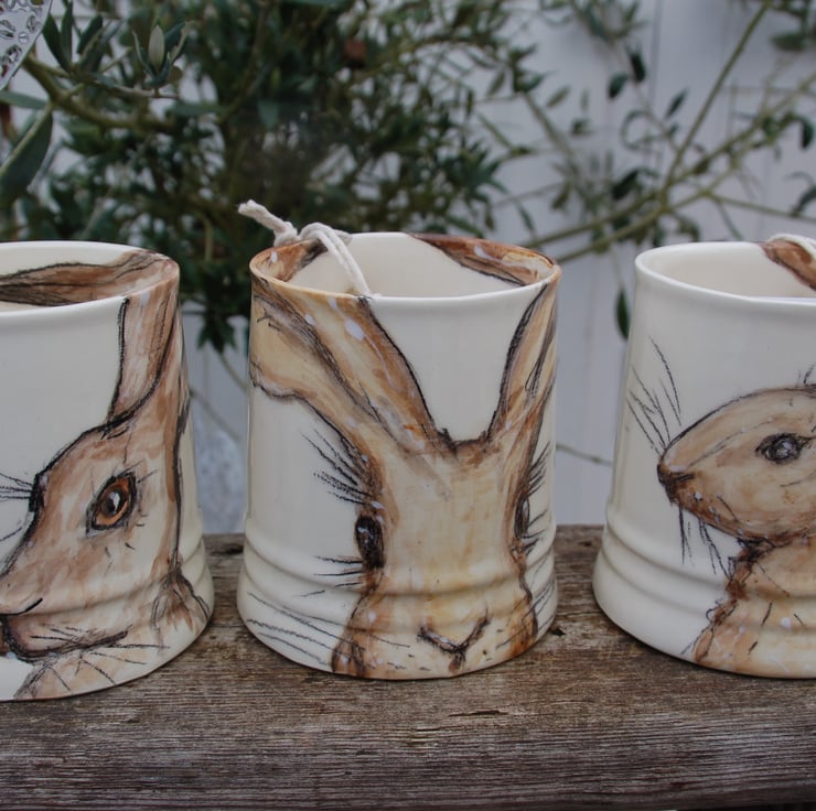 hare mug, hand painted, earthenware - Folksy