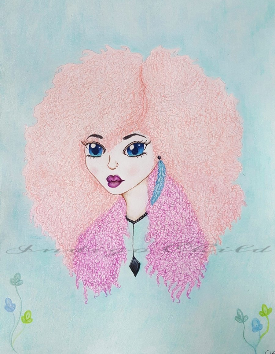 Art Drawing Pink Afro Drawing - Folksy