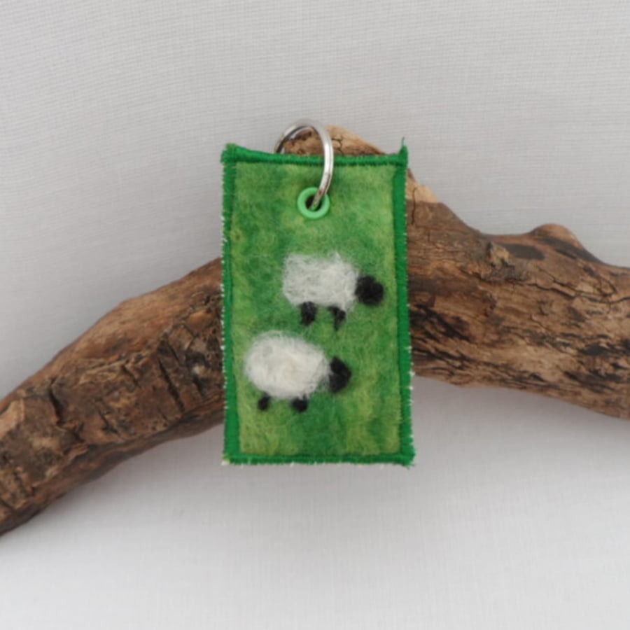 Felted key ring - green with sheep - Folksy