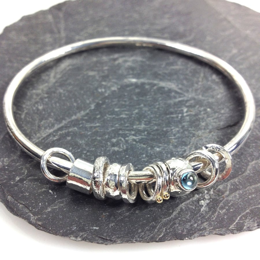 Silver blue topaz and gold bangle No Worries B... - Folksy