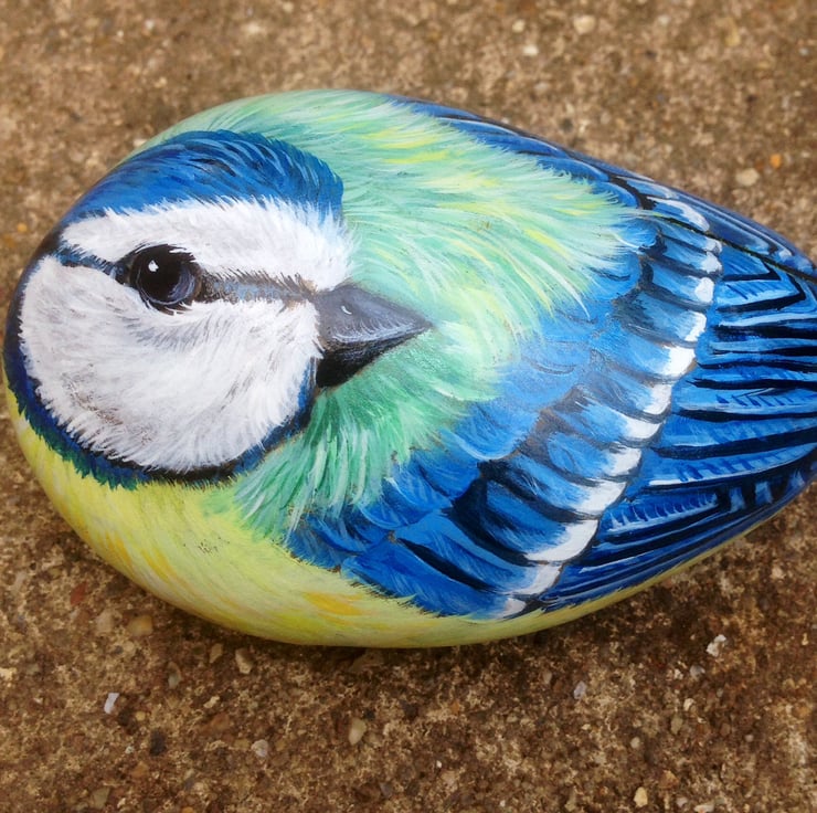 Bluetit hand painted rock bird - Folksy