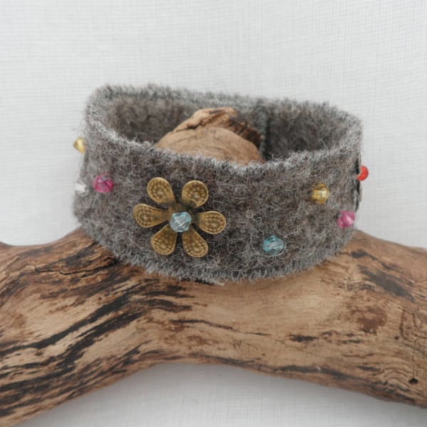 Beaded Felt Band Bracelet, Cuff, Grey - Folksy