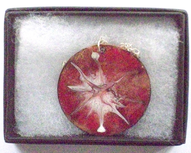 enamel pendant - round, scrolled white over red - Folksy