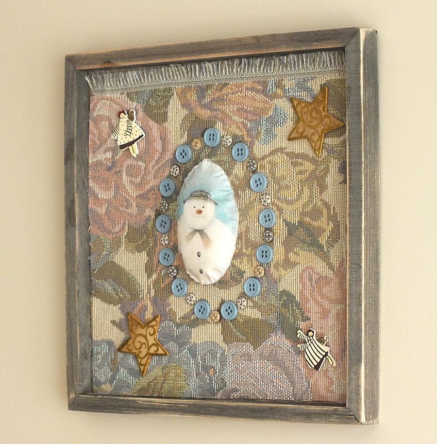 Christmas Art in a Rustic Frame - The Snowman - Folksy