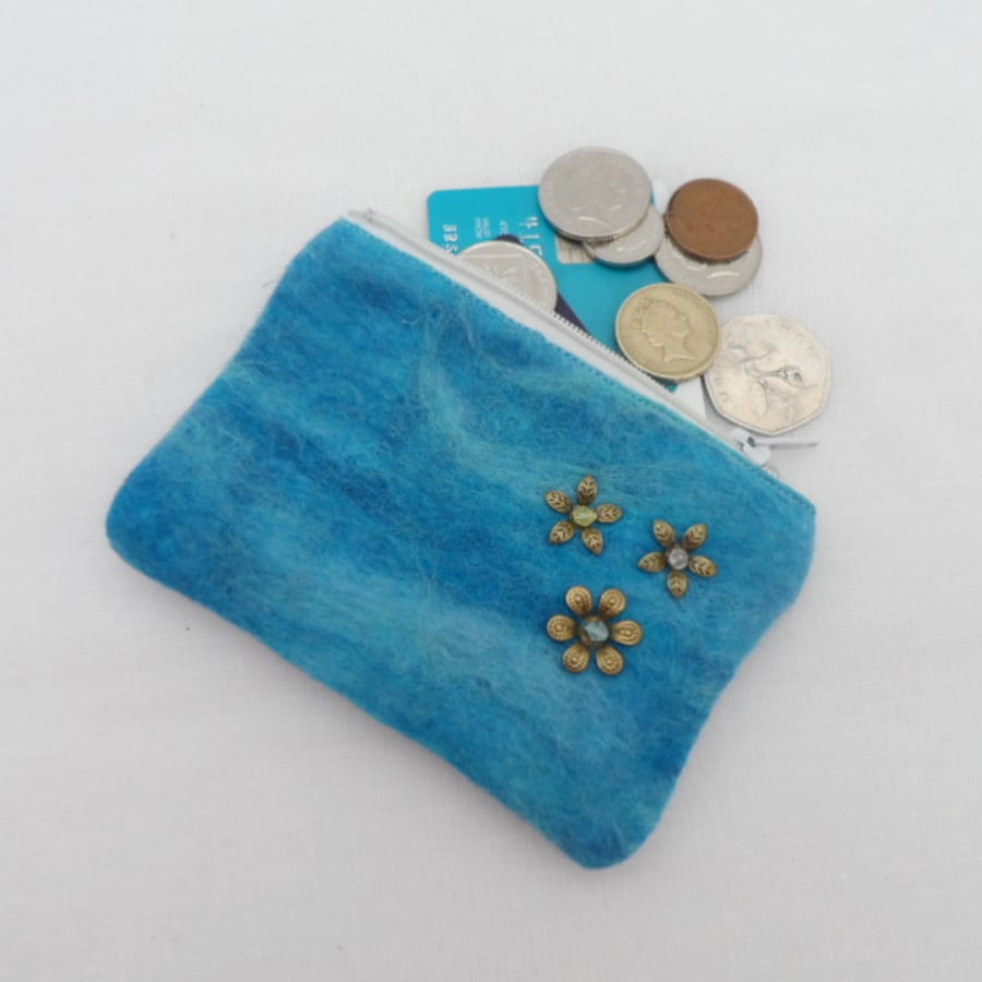 Coin Purse blue felted with beaded flowers - Folksy
