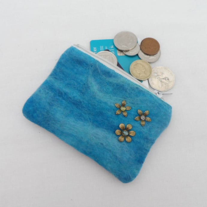 Coin Purse blue felted with beaded flowers - Folksy