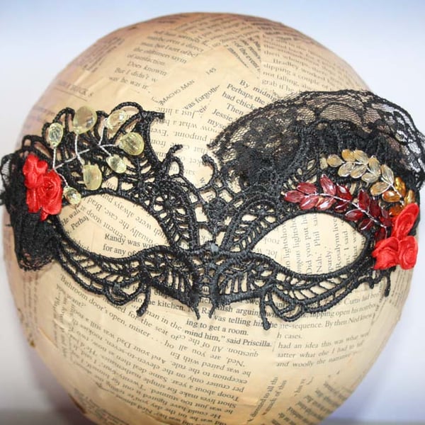 Black Lace Red Rose Beaded Masquerade Mask Fanc... - Folksy
