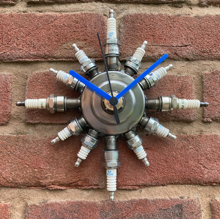 Sunburst Wall Clock, Upcycled Spark Plugs - Folksy