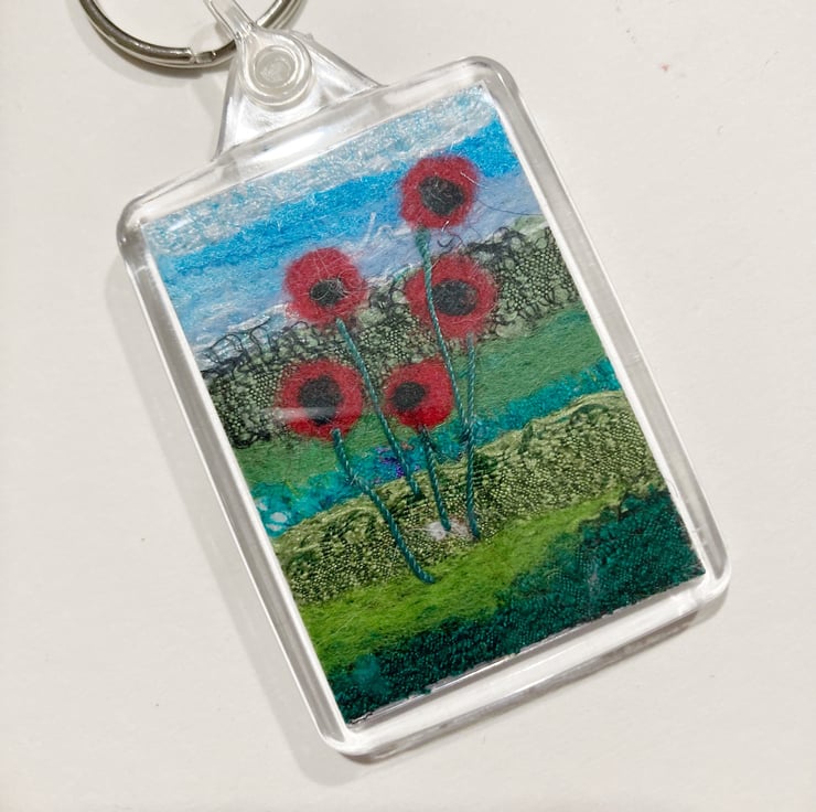 Keyring, needle felted textile art, poppies - Folksy
