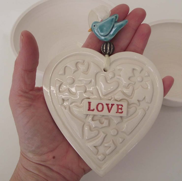 ceramic heart decoration with bird Love heart W... - Folksy