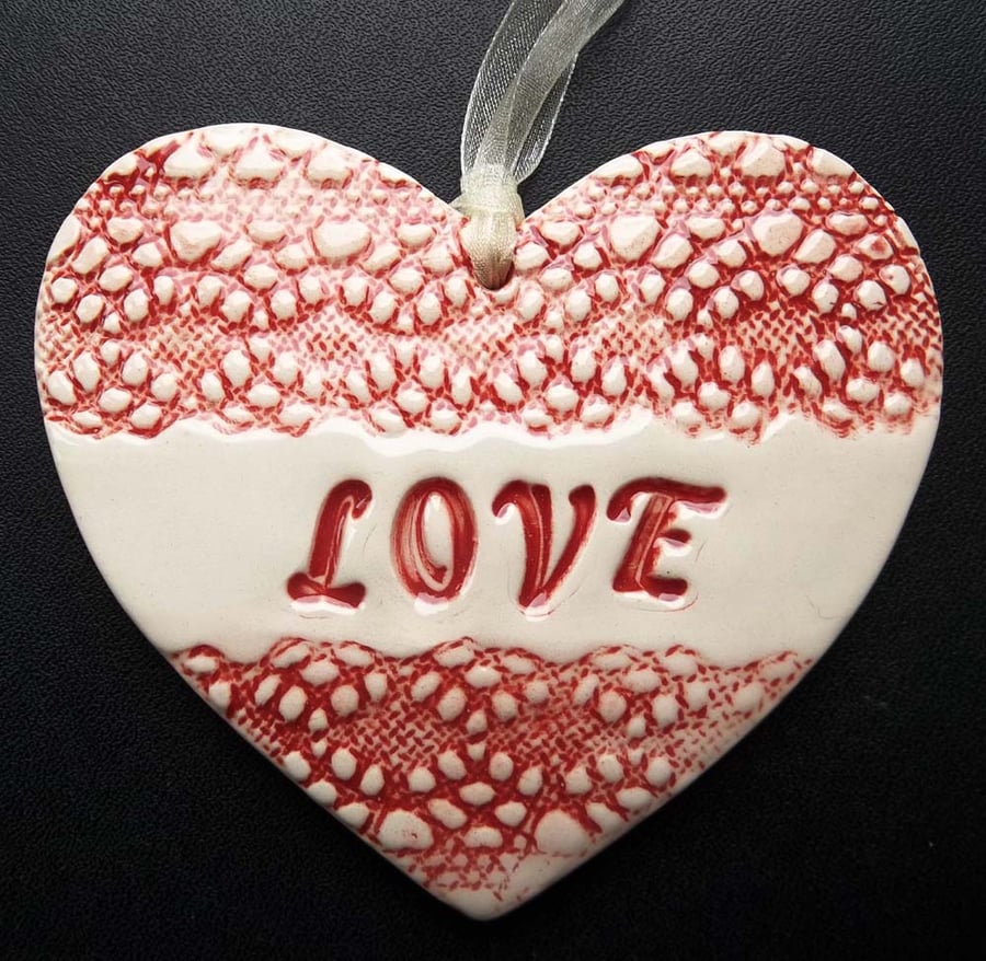 SALE Lace print LOVE ceramic heart - Folksy