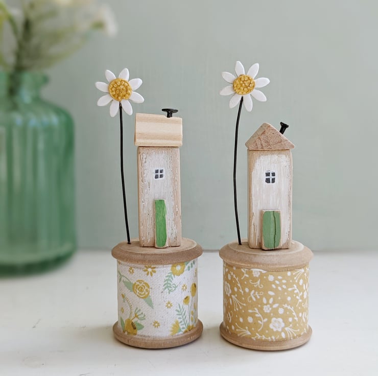 Wooden House on a Vintage Floral Bobbin with Cl... - Folksy