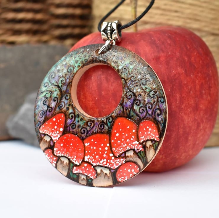 Pyrography toadstool pendant. Large circle shro... - Folksy