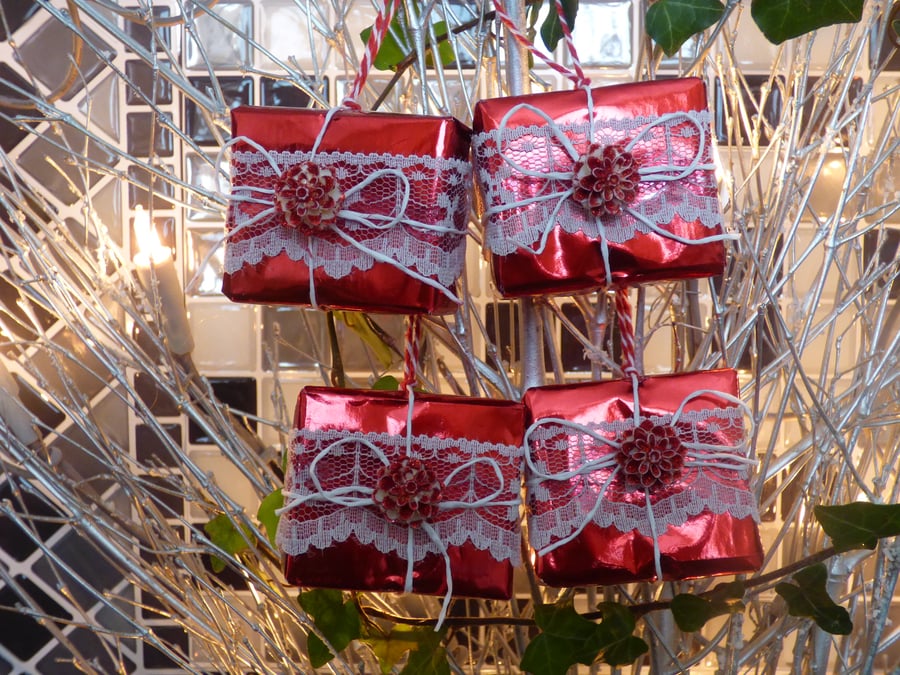 Christmas Present Tree Decorations Red, White F... - Folksy