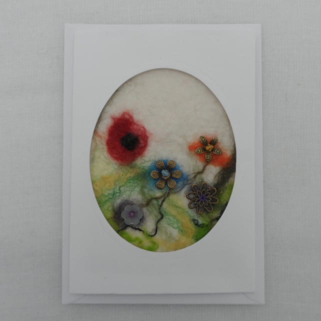 Greetings Card, felted with beaded flowers (ova... - Folksy