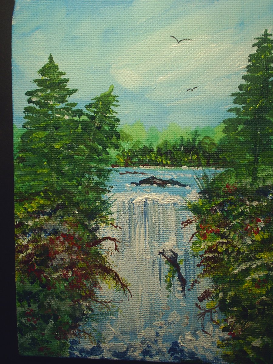 acrylic painting landscape lake waterfall - Folksy