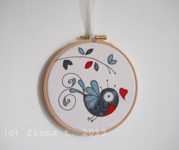 embroidered bird hoop - Folksy