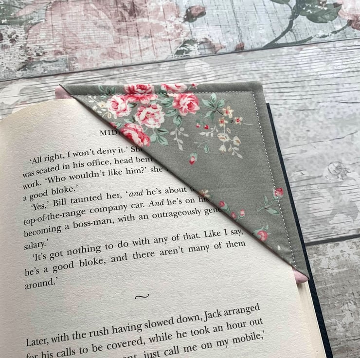 Grey floral corner bookmark - Folksy