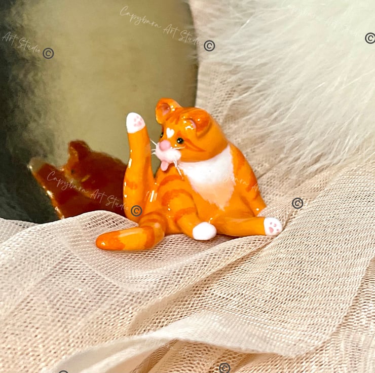 Miniature Clay Grooming Cat Collectable Sculptu... - Folksy
