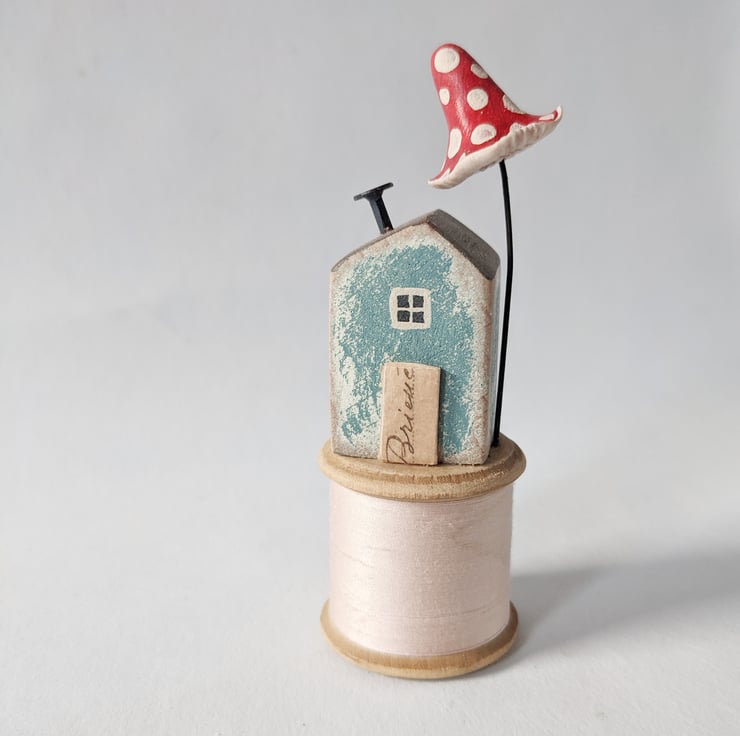 Little House on a Vintage Wood Bobbin with Clay... - Folksy