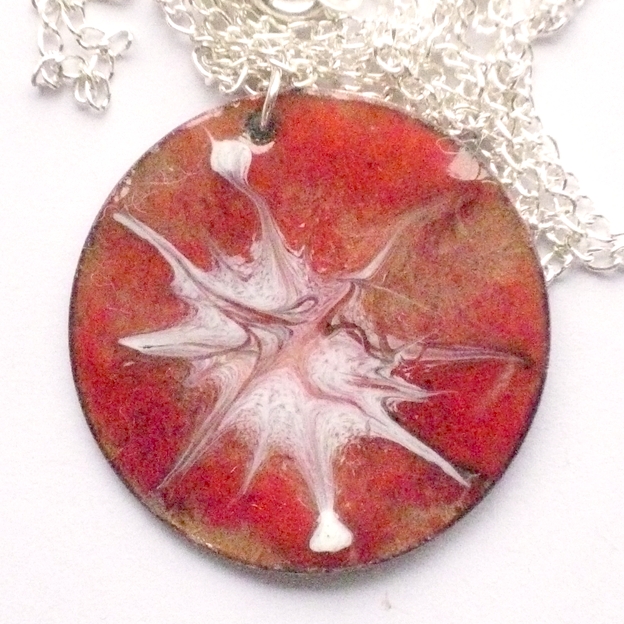enamel pendant - round, scrolled white over red - Folksy