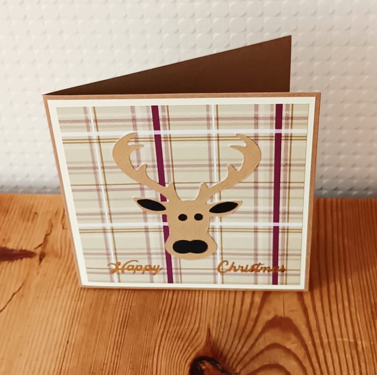 Tartan Stag Christmas Card – Natural - Folksy