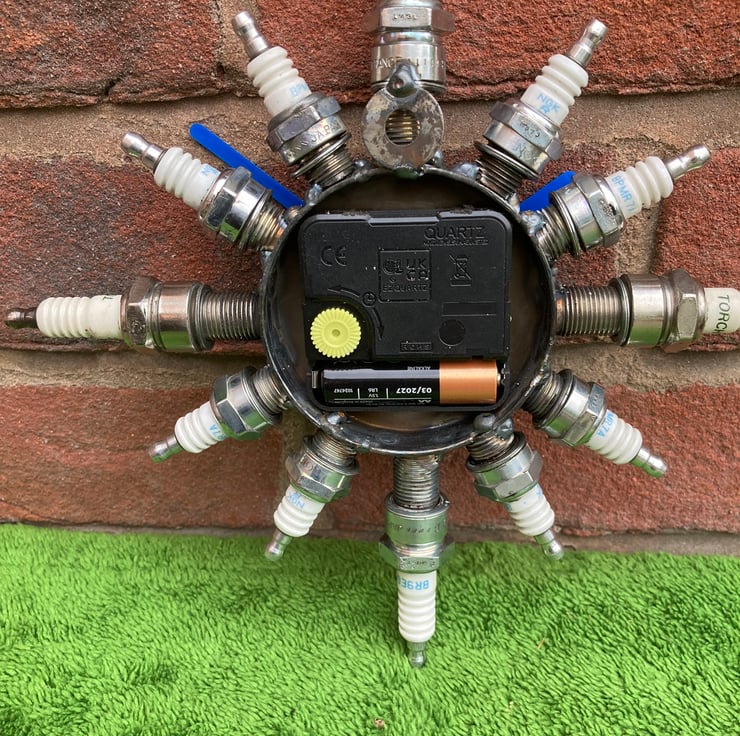 Sunburst Wall Clock, Upcycled Spark Plugs - Folksy