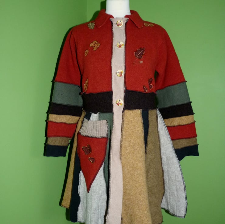 Autumnal Wool Upcycled Coat with Oak Leaves Fro... - Folksy