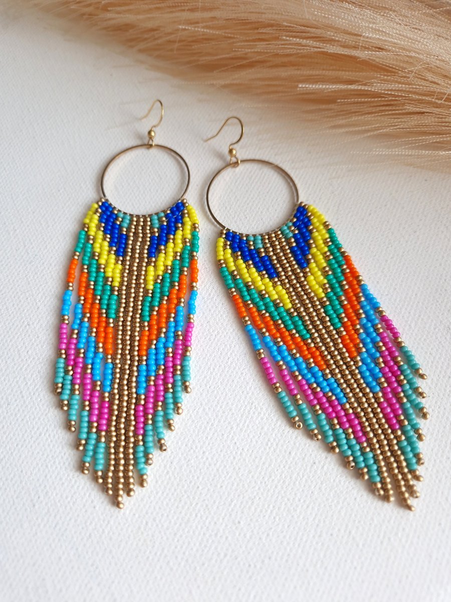 Colourful beaded dangle earrings, long seed bea... - Folksy