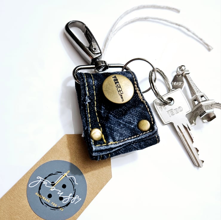 Denim key charms, jeans key ring, sustainable a... - Folksy