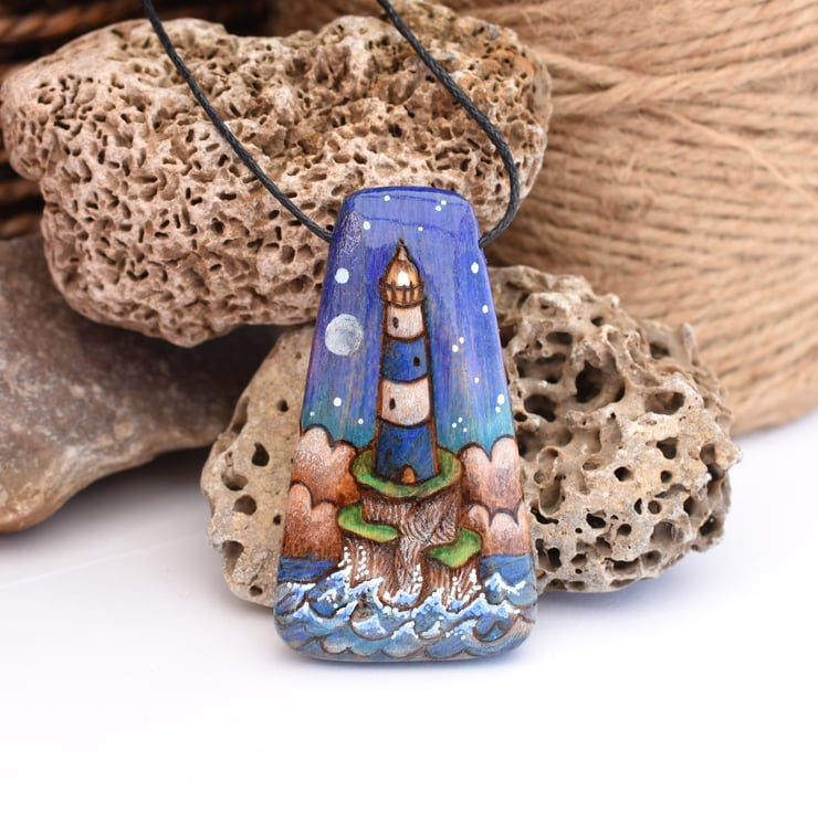 Twilight lighthouse. Pyrography blue and white ... - Folksy