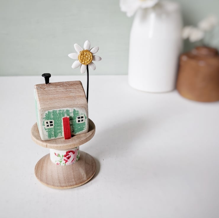 Wooden House on a Vintage Floral Bobbin with Cl... - Folksy