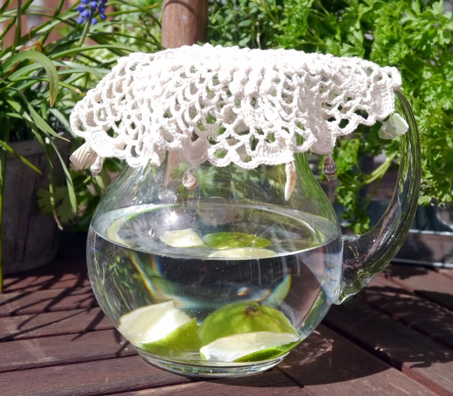 Summer Crochet Beaded Jug Cover With Shells - Folksy