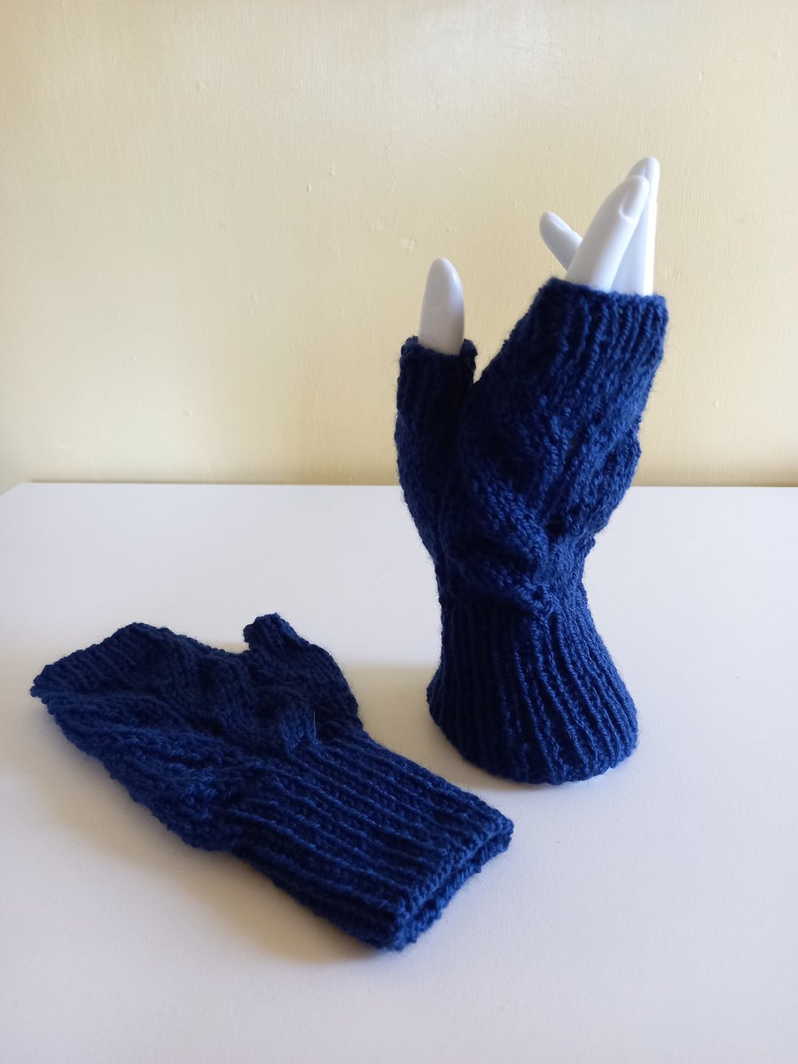 Dark Royal Blue Fingerless Gloves Hand Knitted ... - Folksy