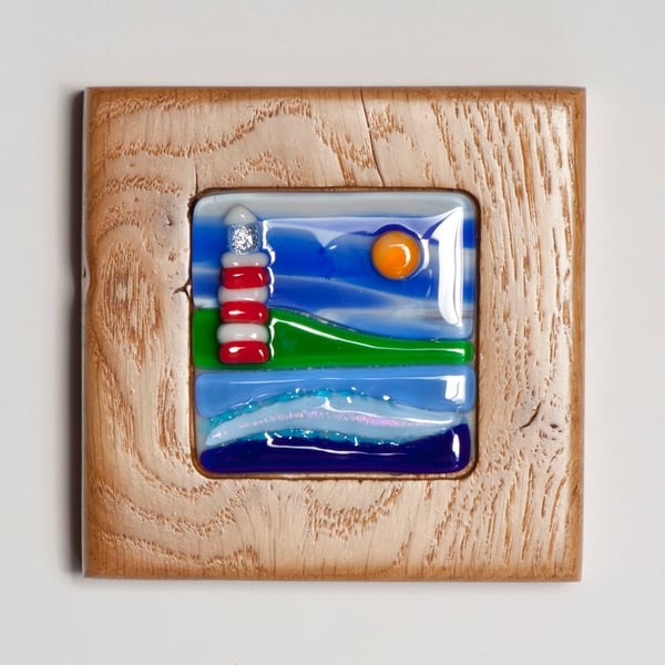 Fused Glass Sea Scene with Light House in Oak B... - Folksy
