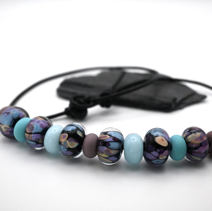 black, blue and purple lampwork glass leather c... - Folksy