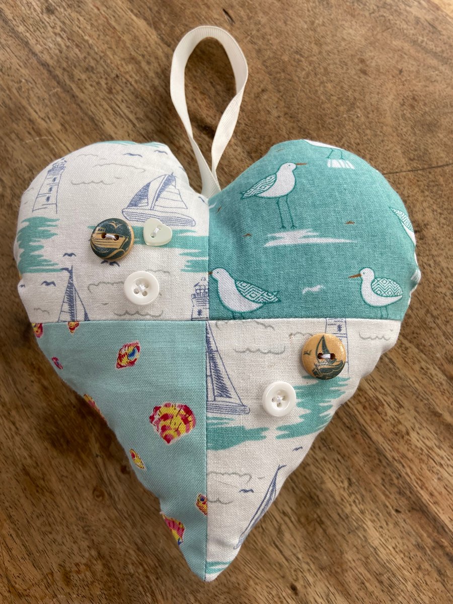 Padded Heart Hanging Decoration with Seaside Fa... - Folksy