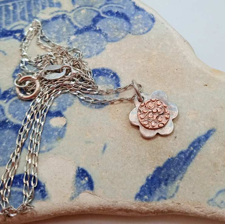Sterling Silver and Copper Flower Pendant Neckl... - Folksy